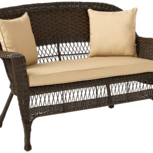 Jeco Wicker Patio Love Seat and Coffee Table Set with Tan Cushion, Espresso