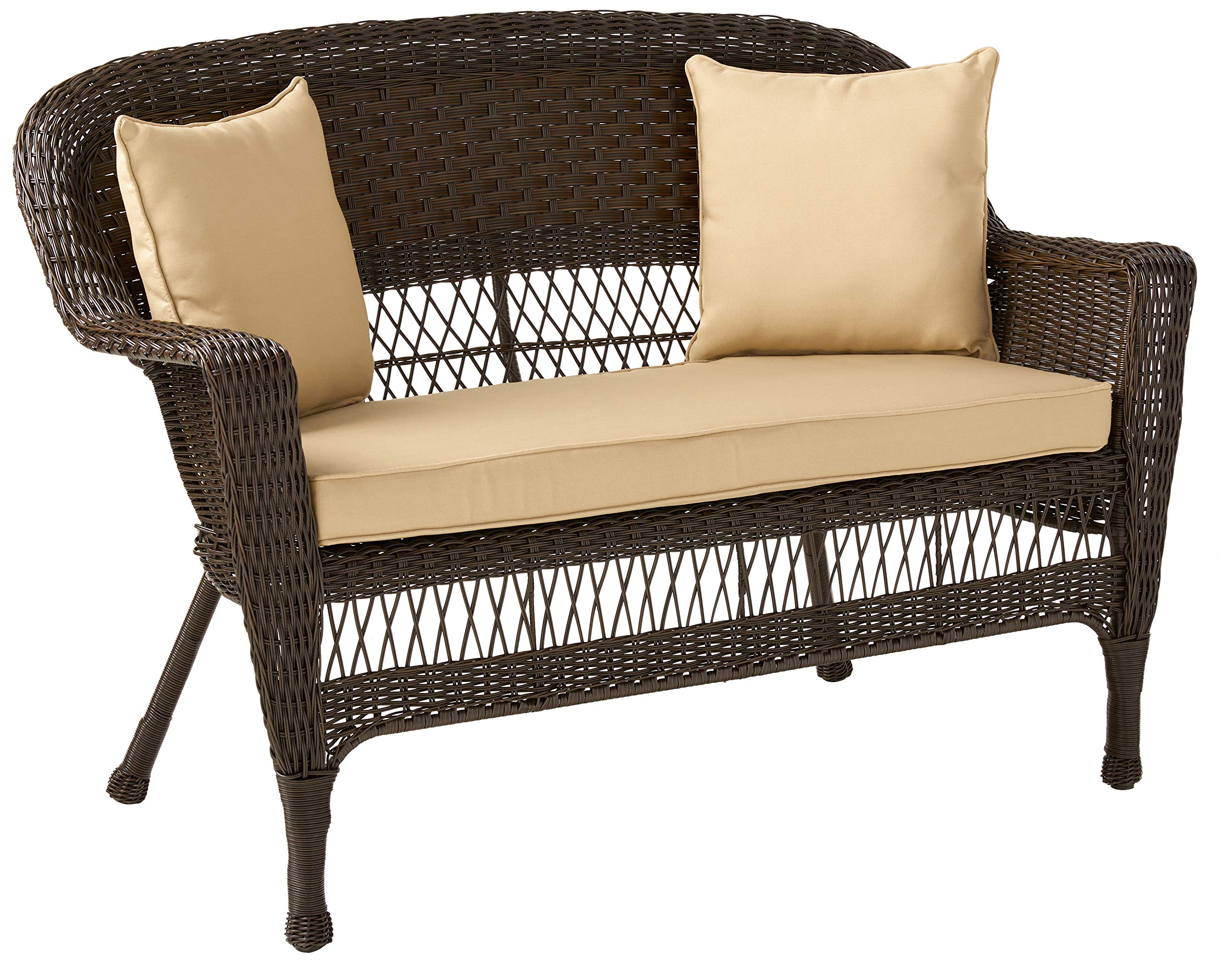 Jeco Wicker Patio Love Seat and Coffee Table Set with Tan Cushion, Espresso