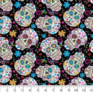 sugar skulls folkloric black cotton fabric by the yard