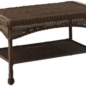 Jeco Wicker Patio Love Seat and Coffee Table Set with Tan Cushion, Espresso