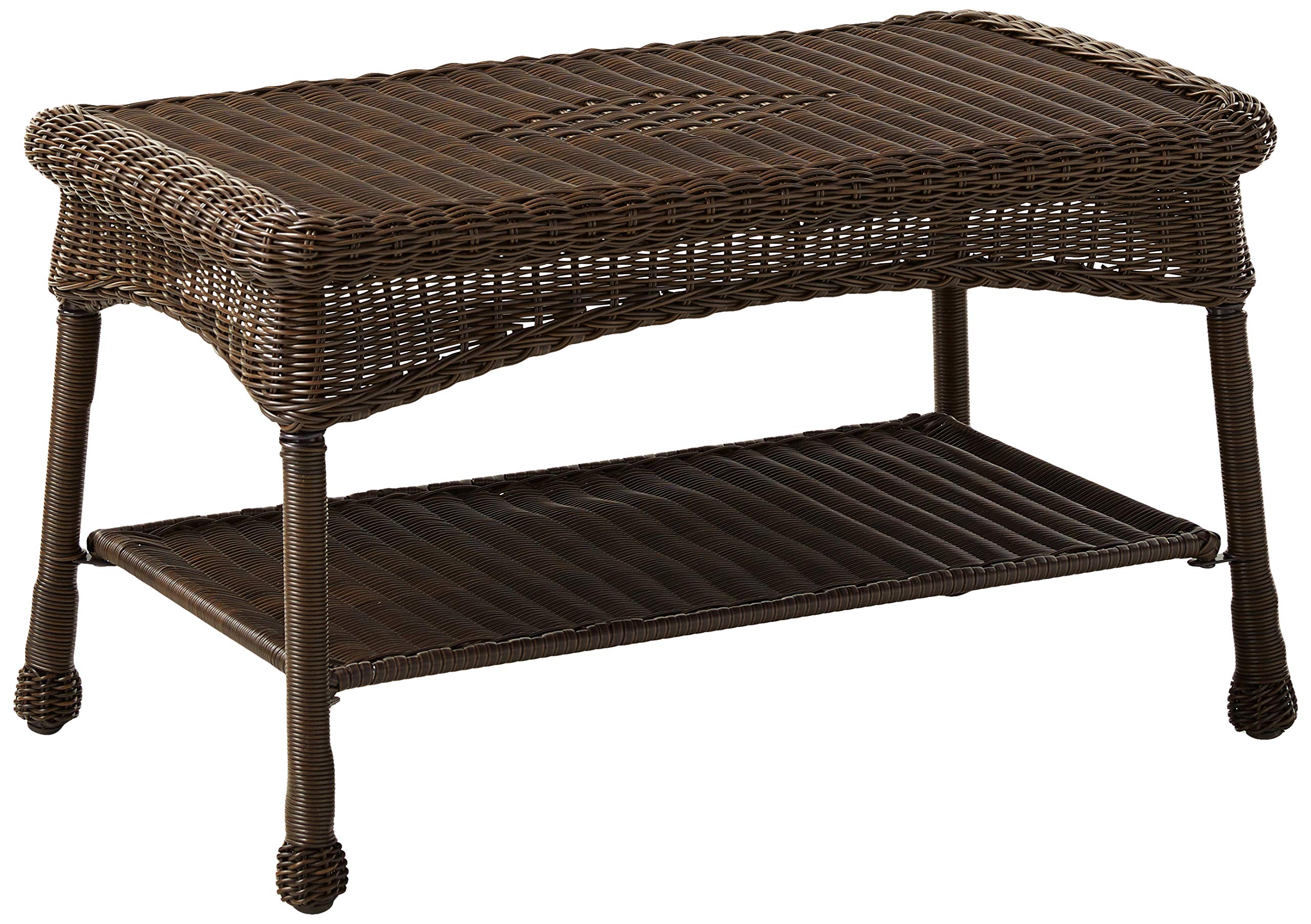 Jeco Wicker Patio Love Seat and Coffee Table Set with Tan Cushion, Espresso