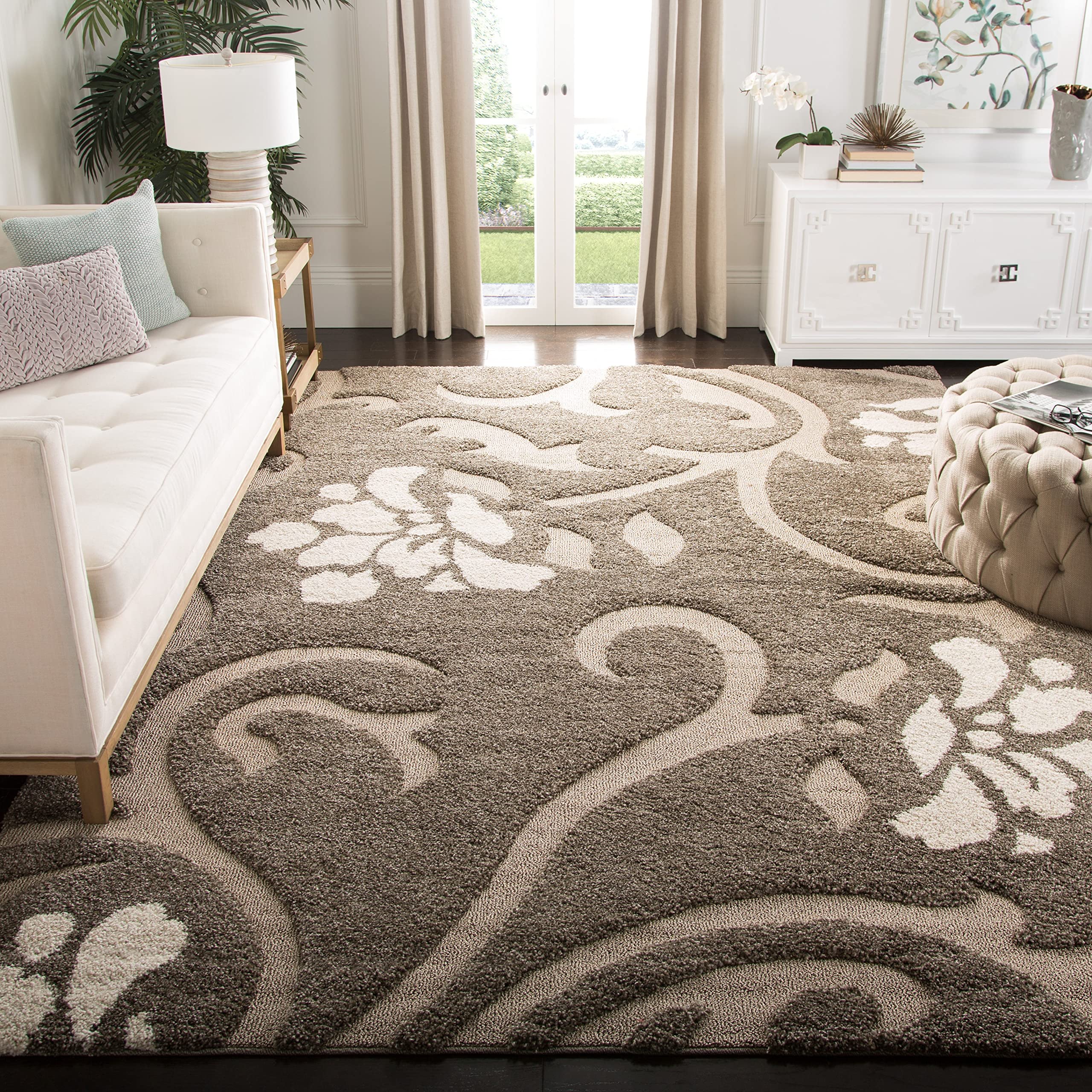 SAFAVIEH Florida Shag Collection 8' Square Smoke / Beige SG464 Floral Non-Shedding Living Room Bedroom Dining Room Entryway Plush 1.2-inch Thick Area Rug