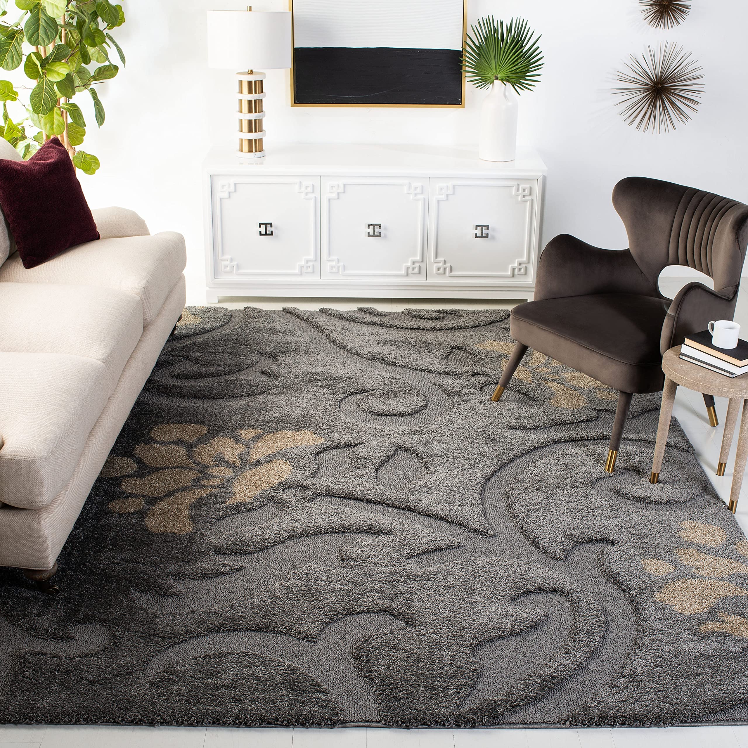 SAFAVIEH Florida Shag Collection 8' Square Smoke / Beige SG464 Floral Non-Shedding Living Room Bedroom Dining Room Entryway Plush 1.2-inch Thick Area Rug