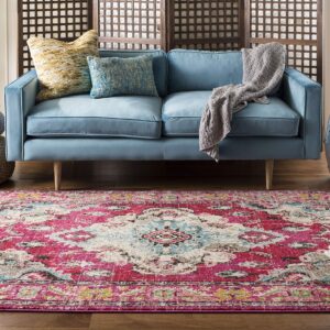 SAFAVIEH Monaco Collection Area Rug - 5' Square, Pink & Multi, Boho Chic Medallion Distressed Design, Non-Shedding & Easy Care, Ideal for High Traffic Areas in Living Room, Bedroom (MNC243D)