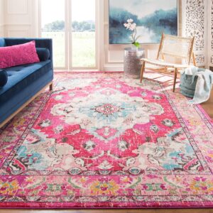 safavieh monaco collection area rug - 5' square, pink & multi, boho chic medallion distressed design, non-shedding & easy care, ideal for high traffic areas in living room, bedroom (mnc243d)