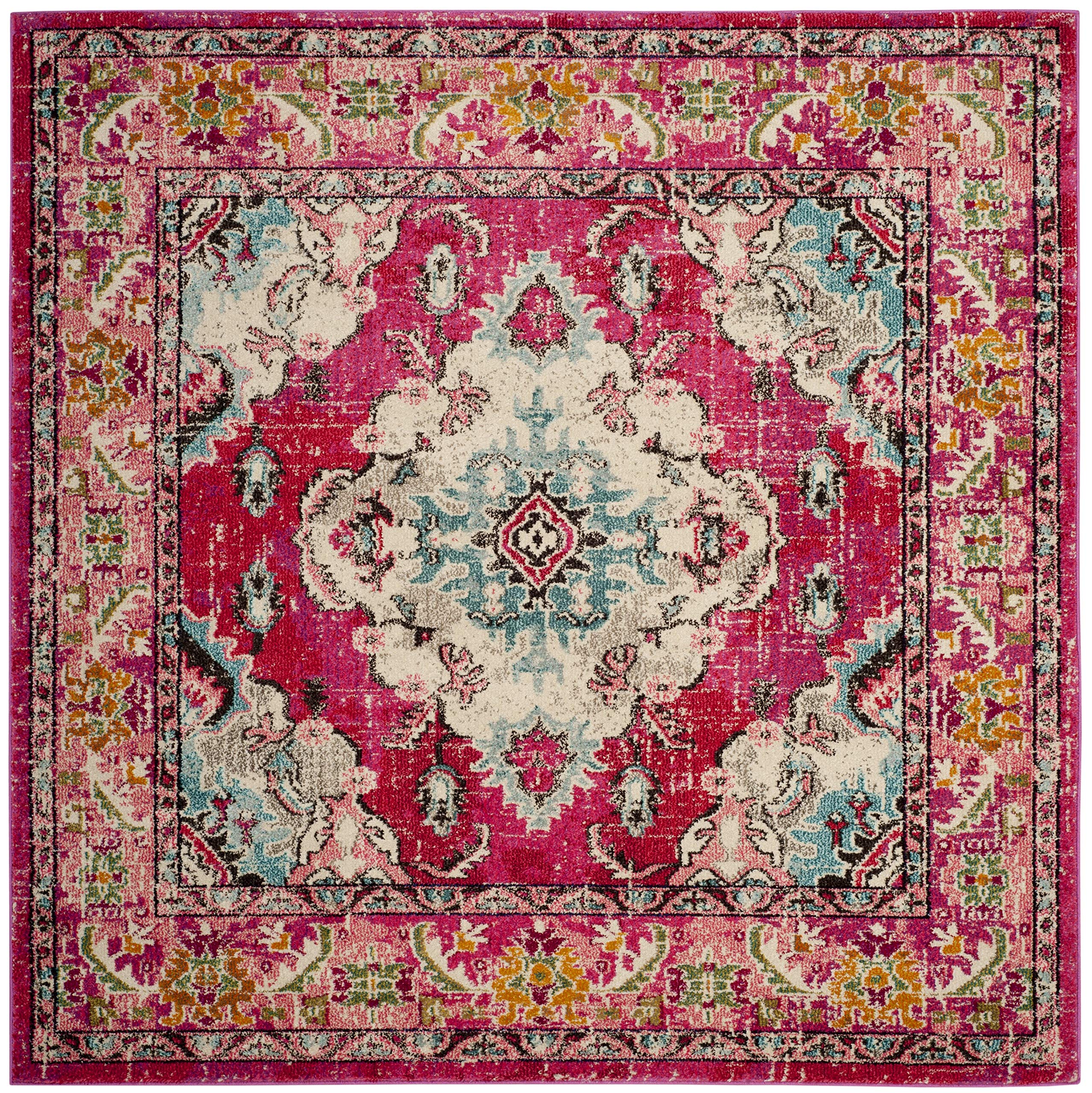 SAFAVIEH Monaco Collection Area Rug - 5' Square, Pink & Multi, Boho Chic Medallion Distressed Design, Non-Shedding & Easy Care, Ideal for High Traffic Areas in Living Room, Bedroom (MNC243D)