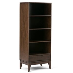 simplihome harper solid hardwood 24 inch mid century modern bookcase with storage in walnut brown, for the living room, study room and office