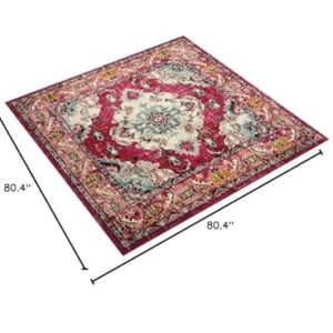 SAFAVIEH Monaco Collection Area Rug - 6'7" Square, Pink & Multi, Boho Chic Medallion Distressed Design, Non-Shedding & Easy Care, Ideal for High Traffic Areas in Living Room, Bedroom (MNC243D)