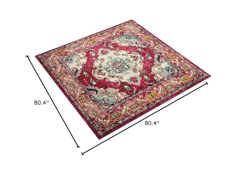 SAFAVIEH Monaco Collection Area Rug - 6'7" Square, Pink & Multi, Boho Chic Medallion Distressed Design, Non-Shedding & Easy Care, Ideal for High Traffic Areas in Living Room, Bedroom (MNC243D)