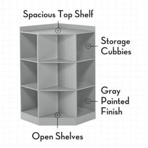 RiverRidge Kids Toy Storage Corner Cabinet with 6 Cubbies & 3 Angled Shelves - Gray Toy Shelf Cubby Corner Storage Shelf Playroom Toy Organizer