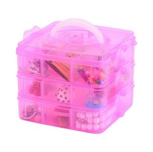 djunxyan 3-tier 18 sections transparent stackable adjustable compartment slot plastic craft storage box organizer for toy desktop jewelry accessory drawer or kitchen 4 colors 3 sizes (medium pink)