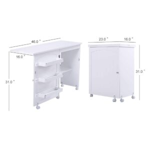 Giantex Folding Desk with Shelves Storage and Lockable Casters Portable Home Desk Apartment Space Saving for Small Spaces, White