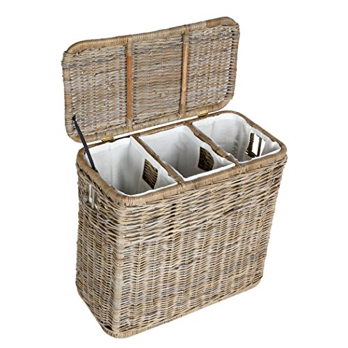 The Basket Lady 3-Compartment Wicker Laundry Sorter Hamper, 30 in L x 15 in W x 28 in H, Serene Grey