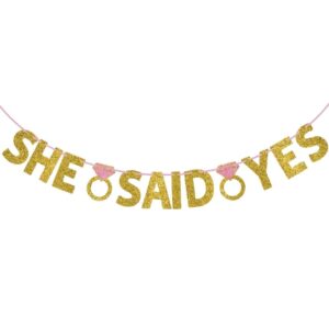 sparkling "she said yes" wedding letter banner - 6" letters with 12' ribbon | stunning gold & pink glittered paper | perfect for engagement celebrations & bridal showers