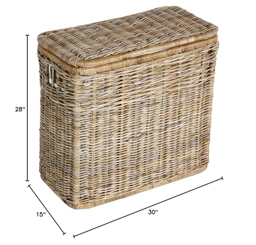 The Basket Lady 3-Compartment Wicker Laundry Sorter Hamper, 30 in L x 15 in W x 28 in H, Serene Grey