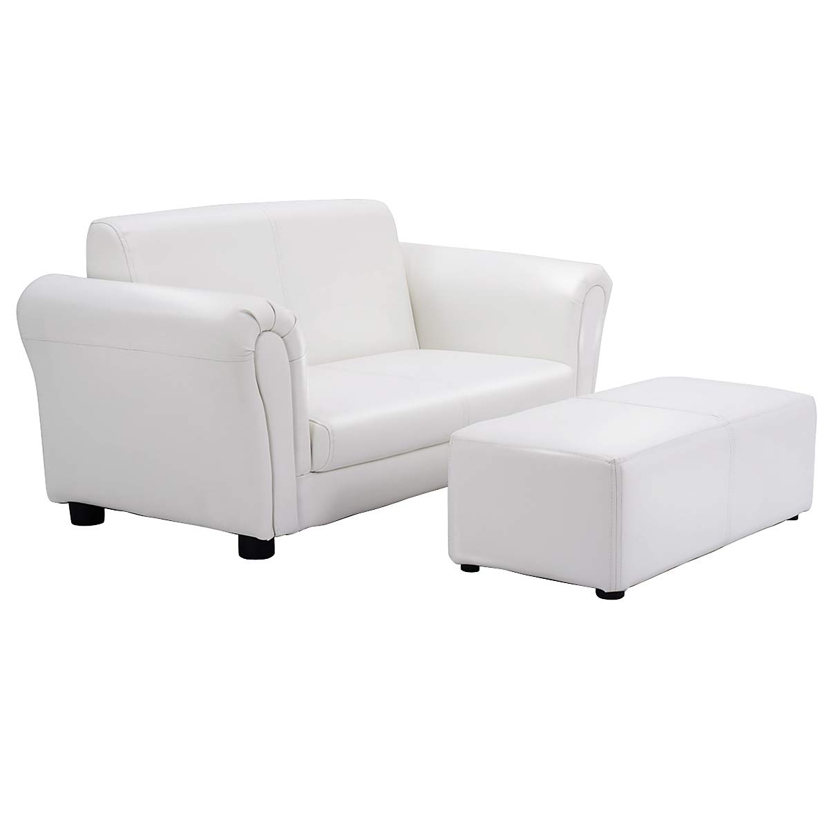 Costzon Kids Couch with Footstool, 2 in 1 Double Seat Children's Sofa w/PU Leather Surface, Armrest Chair Lounge, Soft Kids Sofa for Preschool Bedroom Kids Room Toddlers Boys Girls Birthday (White)