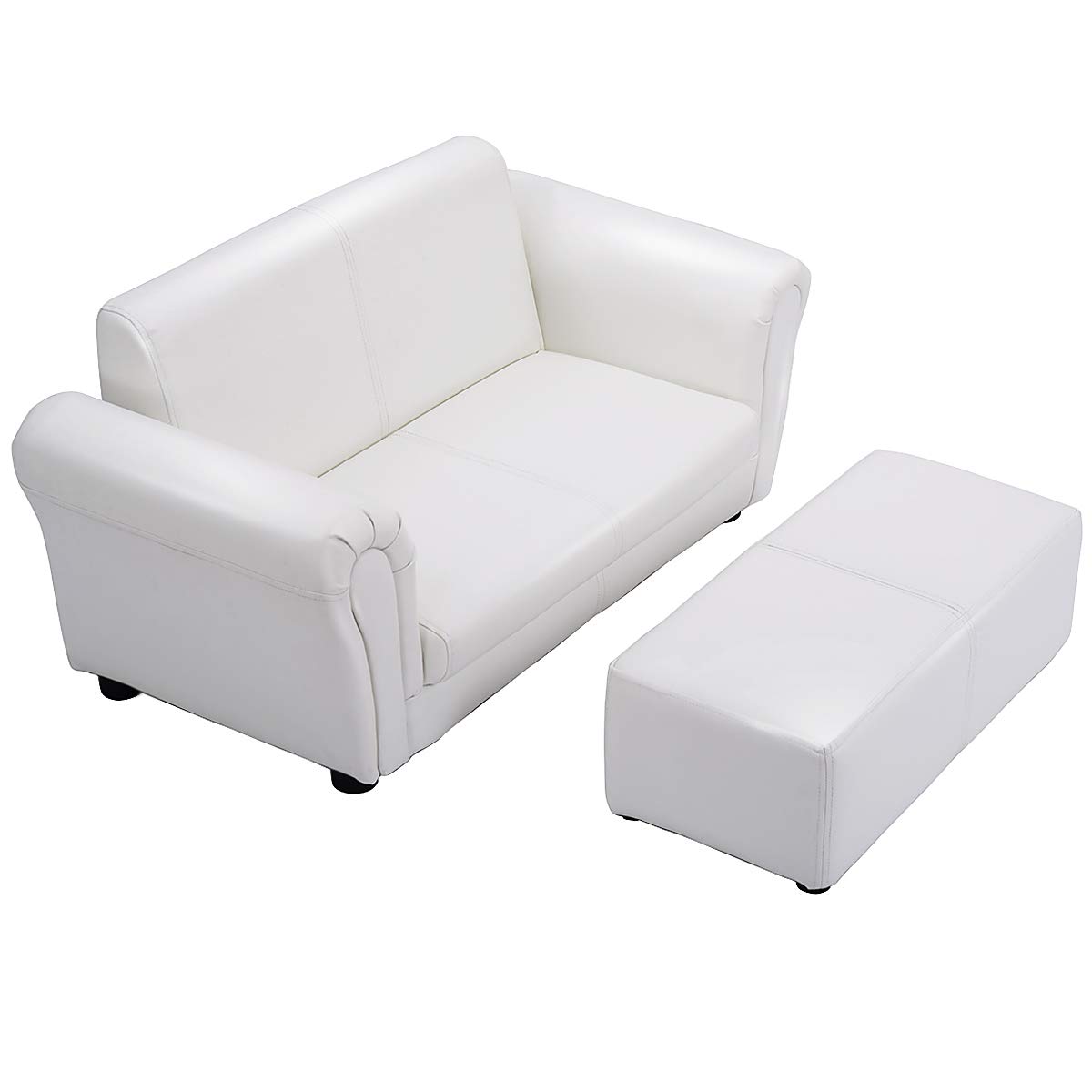 Costzon Kids Couch with Footstool, 2 in 1 Double Seat Children's Sofa w/PU Leather Surface, Armrest Chair Lounge, Soft Kids Sofa for Preschool Bedroom Kids Room Toddlers Boys Girls Birthday (White)