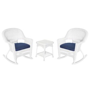 jeco 3 piece rocker wicker chair set with blue cushion, white