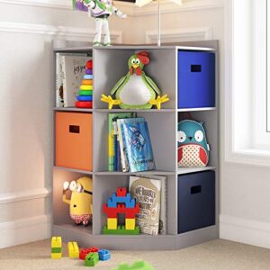 RiverRidge Kids Toy Storage Corner Cabinet with 6 Cubbies & 3 Angled Shelves - Gray Toy Shelf Cubby Corner Storage Shelf Playroom Toy Organizer