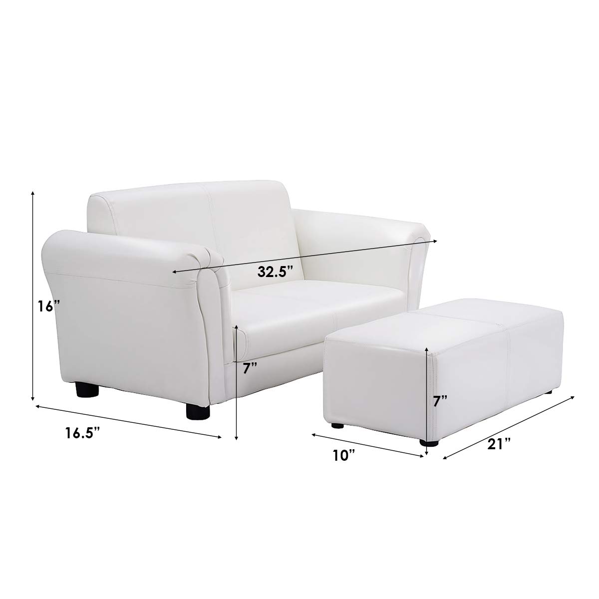 Costzon Kids Couch with Footstool, 2 in 1 Double Seat Children's Sofa w/PU Leather Surface, Armrest Chair Lounge, Soft Kids Sofa for Preschool Bedroom Kids Room Toddlers Boys Girls Birthday (White)