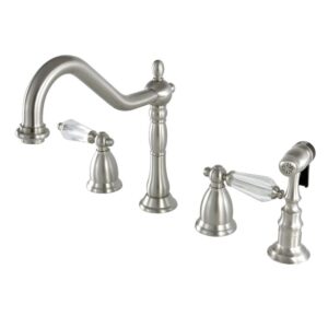 kingston brass ks1798wllbs widespread kitchen faucet with brass sprayer, 8-1/2" in spout reach, brushed nickel