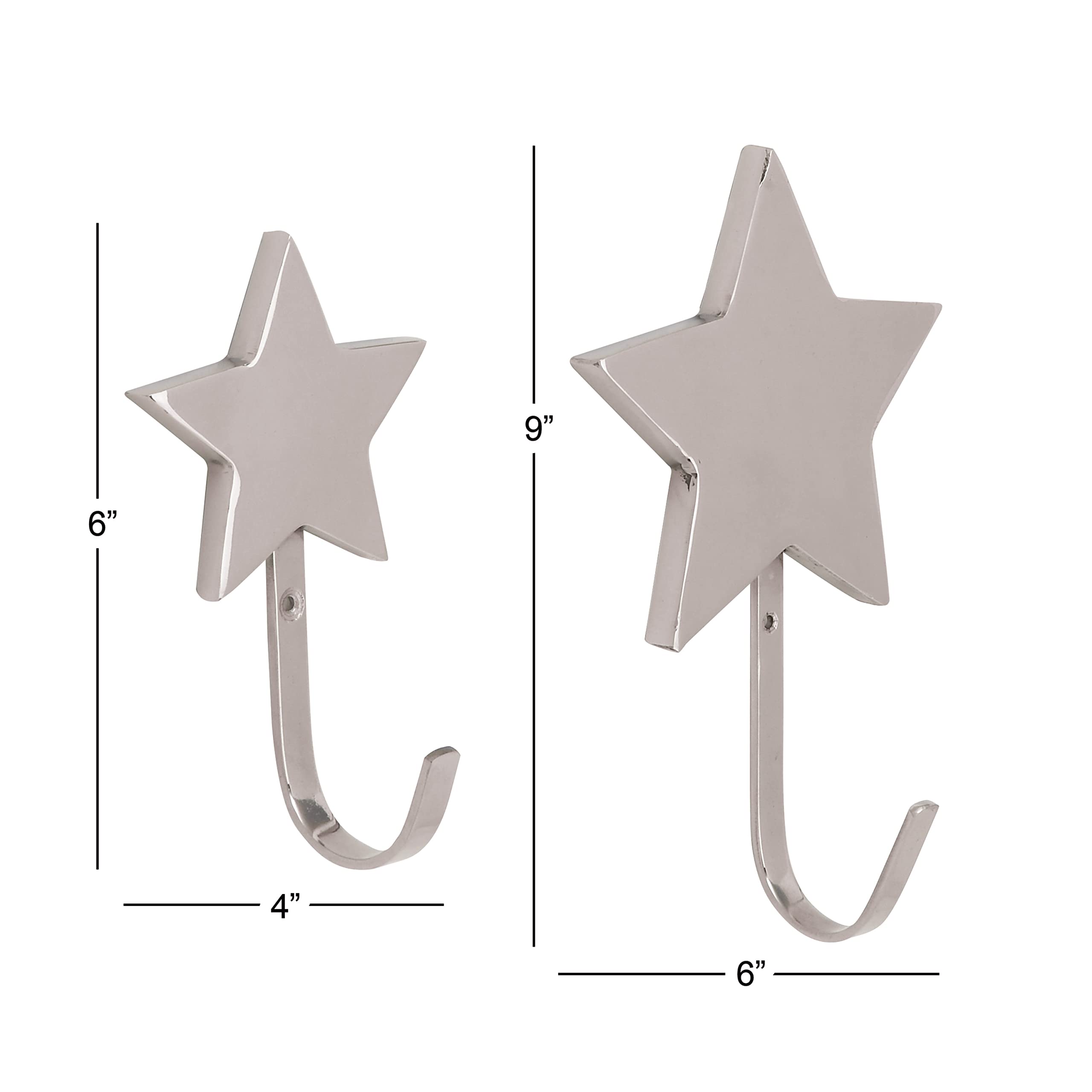 Deco 79 90882 Stainless Steel Star Wall Hooks (Set of 2), 6" x 9", Silver