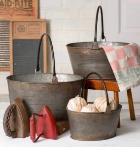 colonial tin works rustic set of three round buckets with handles home décor, multisizes, gray