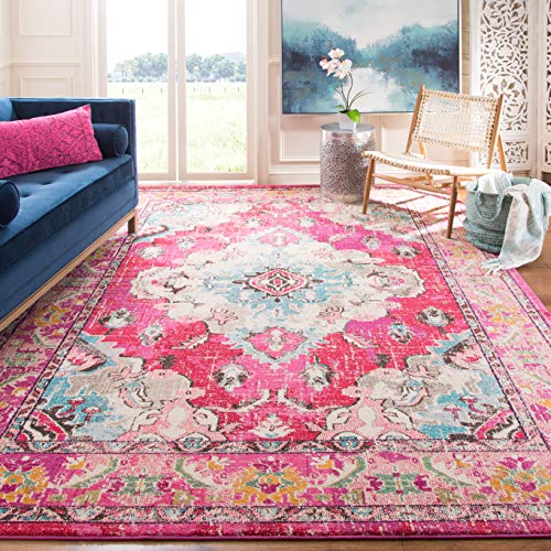 SAFAVIEH Monaco Collection Area Rug - 6'7" Square, Pink & Multi, Boho Chic Medallion Distressed Design, Non-Shedding & Easy Care, Ideal for High Traffic Areas in Living Room, Bedroom (MNC243D)