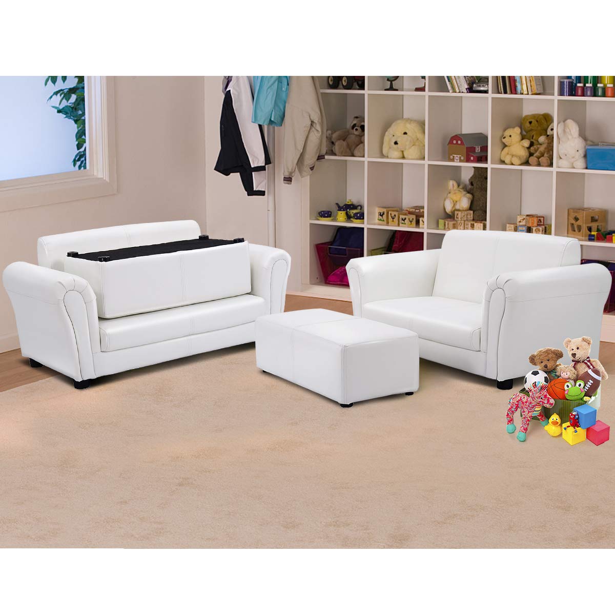 Costzon Kids Couch with Footstool, 2 in 1 Double Seat Children's Sofa w/PU Leather Surface, Armrest Chair Lounge, Soft Kids Sofa for Preschool Bedroom Kids Room Toddlers Boys Girls Birthday (White)