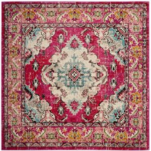 SAFAVIEH Monaco Collection Area Rug - 6'7" Square, Pink & Multi, Boho Chic Medallion Distressed Design, Non-Shedding & Easy Care, Ideal for High Traffic Areas in Living Room, Bedroom (MNC243D)