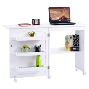 giantex folding desk with shelves storage and lockable casters portable home desk apartment space saving for small spaces, white