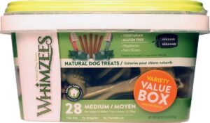 whimzees 2 pack of medium dental treat variety boxes, 28 chews each, gluten-free dog chews