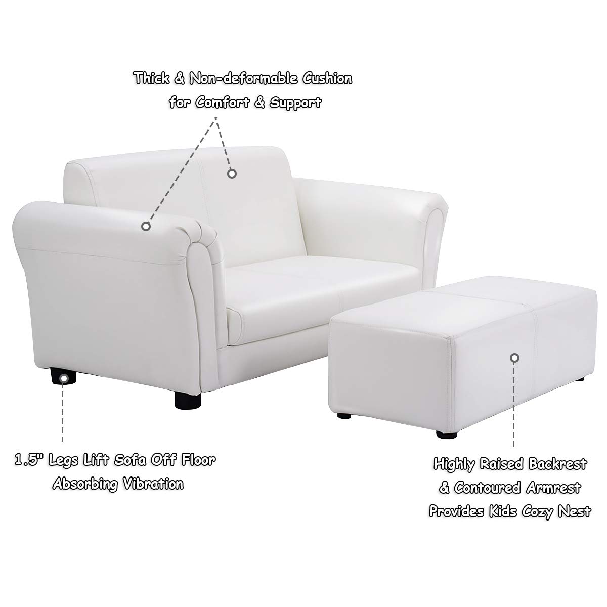 Costzon Kids Couch with Footstool, 2 in 1 Double Seat Children's Sofa w/PU Leather Surface, Armrest Chair Lounge, Soft Kids Sofa for Preschool Bedroom Kids Room Toddlers Boys Girls Birthday (White)