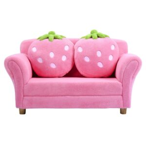 costzon kids couch, double seat pink children's sofa with 2 strawberry pillows, toddler armrest chair for bedroom, living room, large soft for kids loveseat toy for baby girls preschool gifts presents