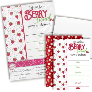 strawberry themed birthday party invitations, 20 5x7 fill in cards with twenty white envelopes by amandacreation