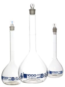 eisco volumetric flask set, 3 pieces - class b, astm - 250ml, 500ml & 1000ml - glass stopper - blue graduation