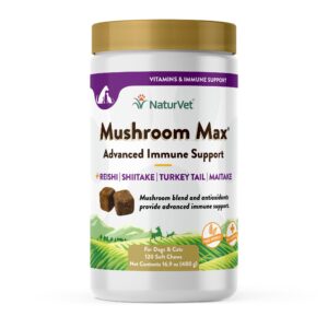 naturvet mushroom max advanced immune support dog supplement – helps strengthen immunity, overall health for dogs – includes shitake mushrooms, reishi, turkey tail – 120 ct.