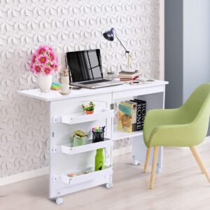 Giantex Folding Desk with Shelves Storage and Lockable Casters Portable Home Desk Apartment Space Saving for Small Spaces, White