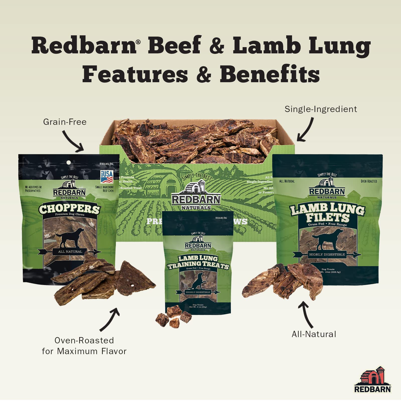 Redbarn Choppers Beef Lung Dog Chews, Natural, Made in USA, High-Protein Low-Fat, Grain-Free, Single Ingredient for All Dog Sizes(Pack of 8)