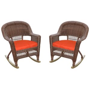 jeco rocker wicker chair with red cushion, set of 2, honey