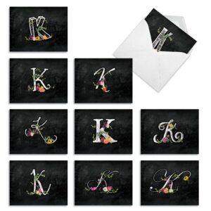 the best card company - 10 initial letter k assorted blank notecards, floral monogramed personal stationery w/envelopes bulk box set 4 x 5.12 inch thank you notes - k chalk and roses m3795ocb-b1x10