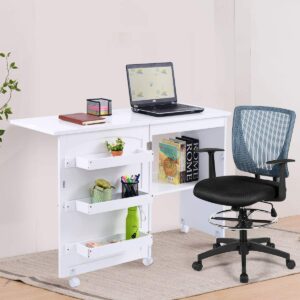 Giantex Folding Desk with Shelves Storage and Lockable Casters Portable Home Desk Apartment Space Saving for Small Spaces, White