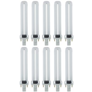 sunlite compact fluorescent pl 2-pin single u-shaped twin tube, 9 watts, 120 volts, 530 lumens, 2700k soft white, 2-pin g23 base, 10 pack