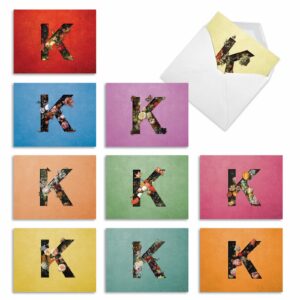 the best card company - 10 initial letter “k” assorted blank notecards beautiful flower personal stationary 4 x 5.12 inch, bulk variety pack for thank you and notes - baroque blooms k m3838ocb-b1x10