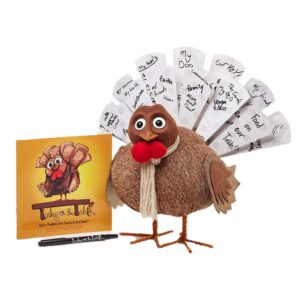 turkey on the table thanksgiving activity for kids and families (includes book, turkey, pen, & 13 double sided feathers) - give thanks & start a new holiday tradition - doubles as table centerpiece