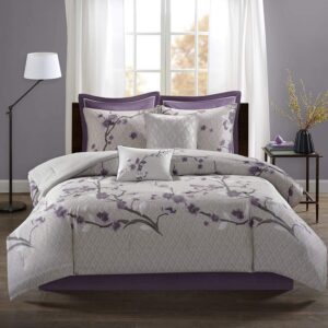 madison park 100% cotton duvet set - classic traditional design, cozy all season comforter cover, matching shams, decorative pillows holly, floral purple/grey king/cal king(104"x92") 7 piece