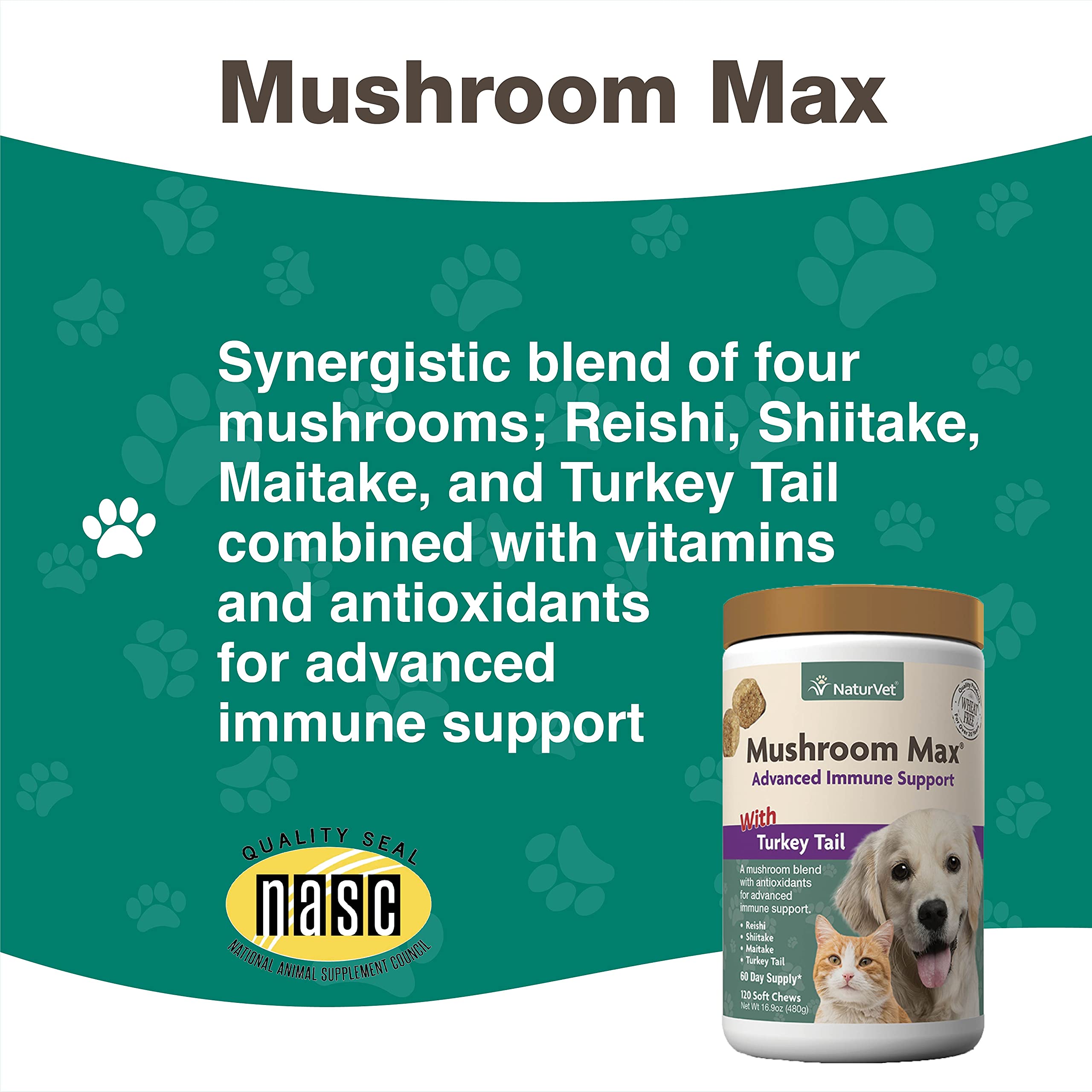 NaturVet Mushroom Max Advanced Immune Support Dog Supplement – Helps Strengthen Immunity, Overall Health for Dogs – Includes Shitake Mushrooms, Reishi, Turkey Tail – 120 Ct.