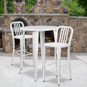 flash furniture commercial grade 30" round white metal indoor-outdoor bar table set with 2 vertical slat back stools