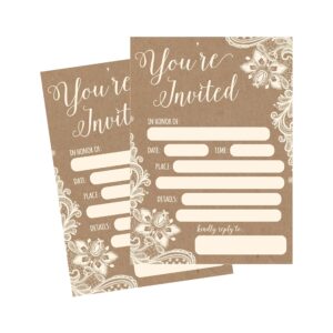 50 fill in invitations, burlap and lace, kraft, wedding invitations, bridal shower invitations, rehearsal dinner, dinner invites, baby shower invite, bachelorette party invites, engagement, graduation