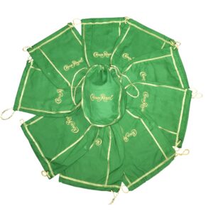 pack of 10 green crown royal bags w/gold drawstrings from 1 liter bottles (9 inch x 5.5 inch) for gift bags, carrying card games or dice bulk fabric for quilting sewing or crafts (10)